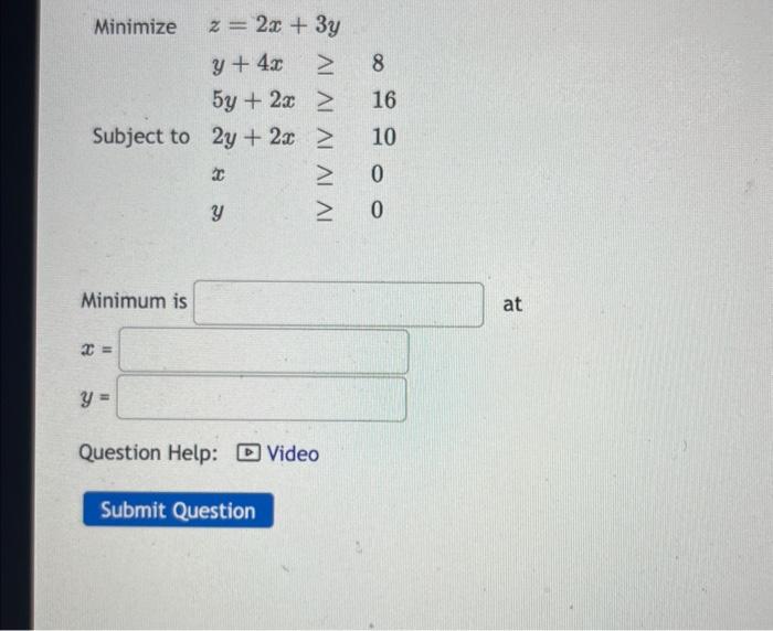 Solved Minimize z=2x+3yy+4x≥85y+2x≥16 Subject to | Chegg.com