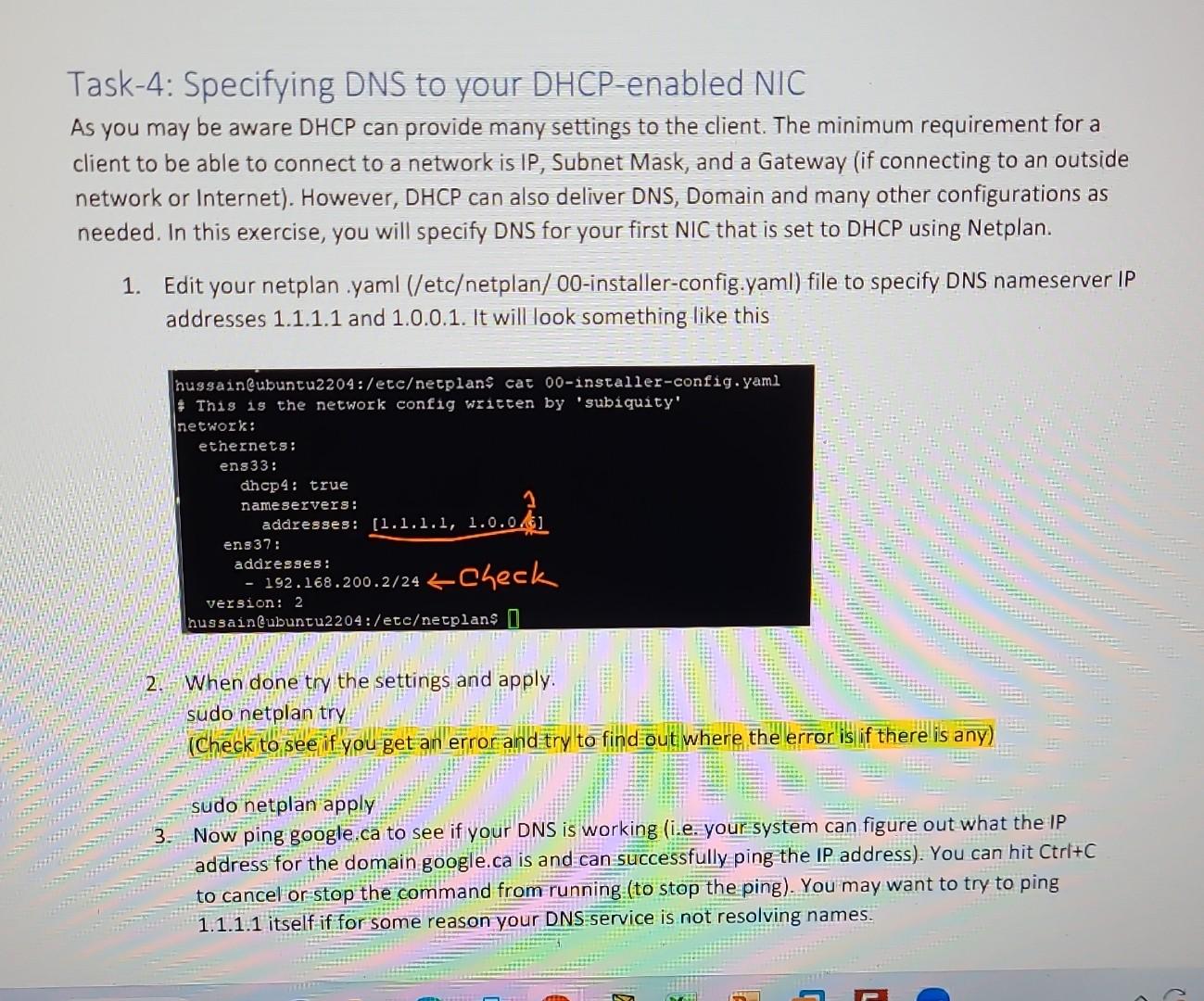 Solved Task-4: Specifying DNS to your DHCP-enabled NIC As | Chegg.com