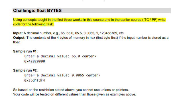 Solved Challenge: float BYTES Using concepts taught in the | Chegg.com