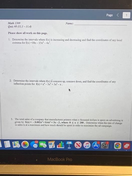 Solved Page Math 1309 Name: Quit #8 (11.1 -11.0) Please show | Chegg.com