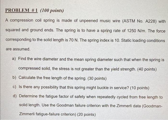 Solved A compression coil spring is made of unpeened music | Chegg.com