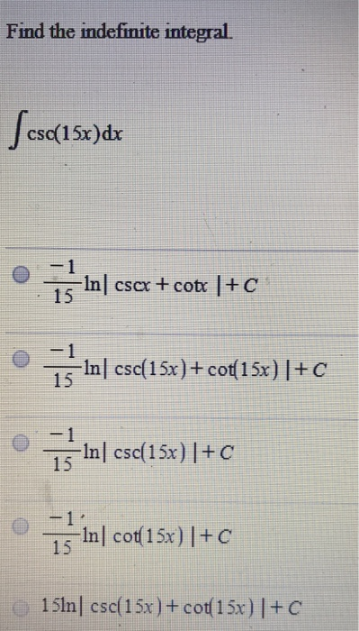 Solved Find the indefinite integral. csd15x)dx -1 -In cscx + | Chegg.com