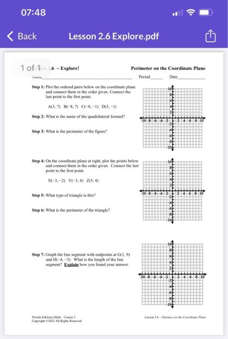 I of 1.6− Explore! Perimeter on the Coordinate Plane | Chegg.com