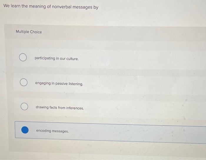 Solved We learn the meaning of nonverbal messages by | Chegg.com
