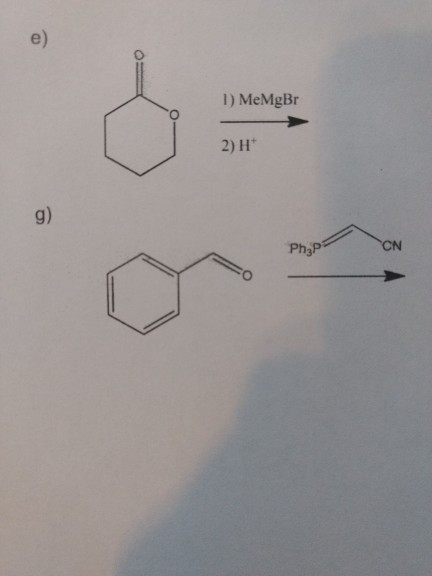 Solved e) 1) MeMgBr 2) H g) Php CN | Chegg.com