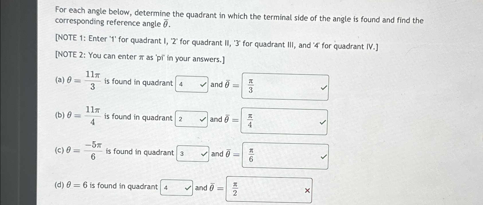 Solved For each angle below, determine the quadrant in which | Chegg.com