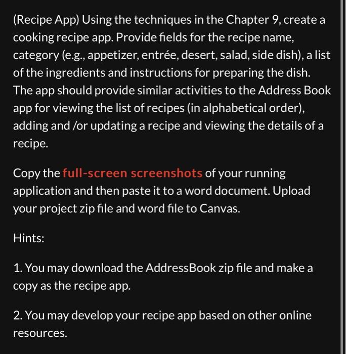 Solved (Recipe App) Using the techniques in the Chapter 9, | Chegg.com