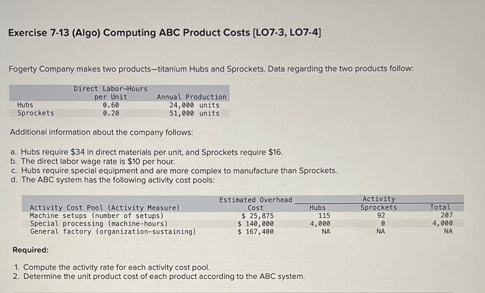 Solved Exercise 7-13 (Algo) ﻿Computing ABC Product Costs | Chegg.com