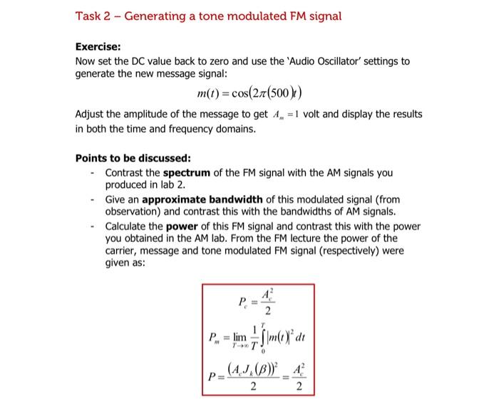 Task 2 - Generating a tone modulated FM signal | Chegg.com