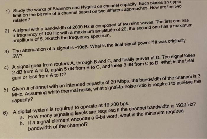 Solved 1) Study the works of Shannon and Nyquist on channel | Chegg.com