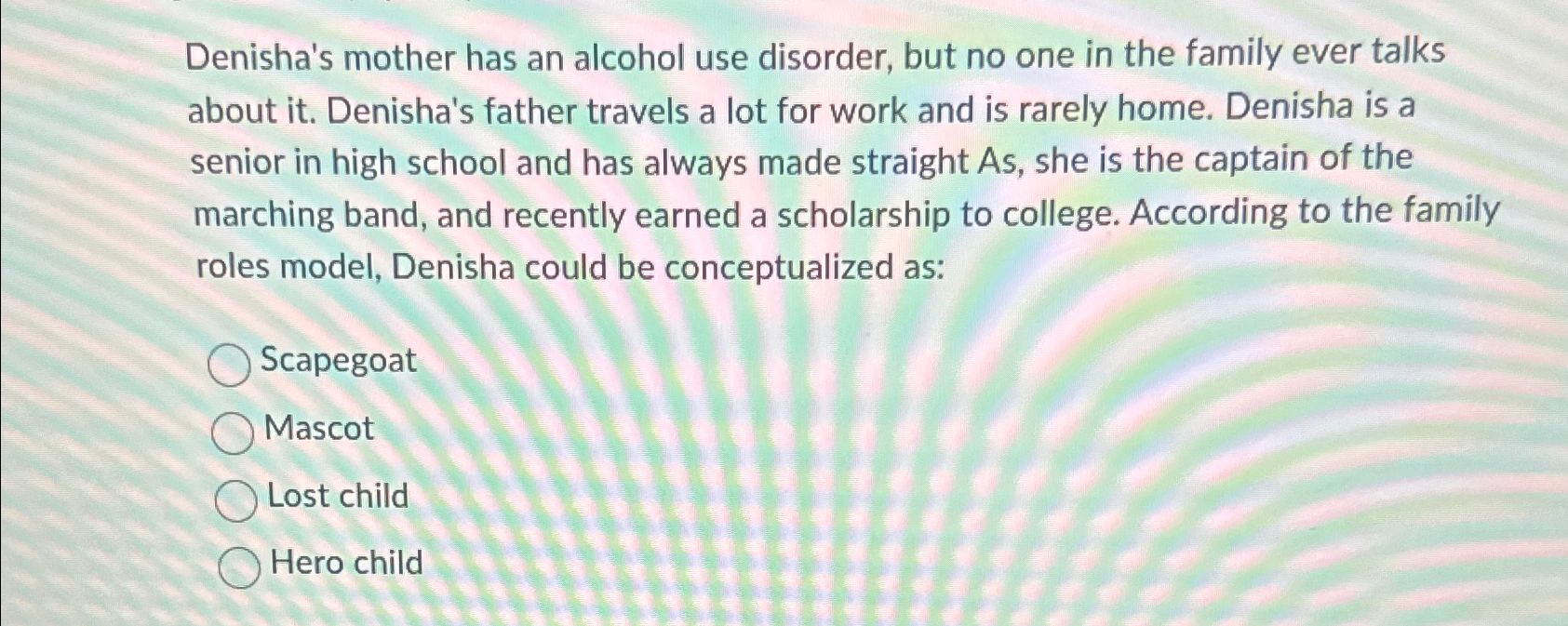 Solved Denisha's mother has an alcohol use disorder, but no | Chegg.com