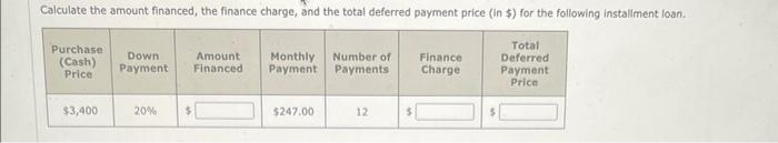 Solved Calculate the amount financed, the finance charge, | Chegg.com