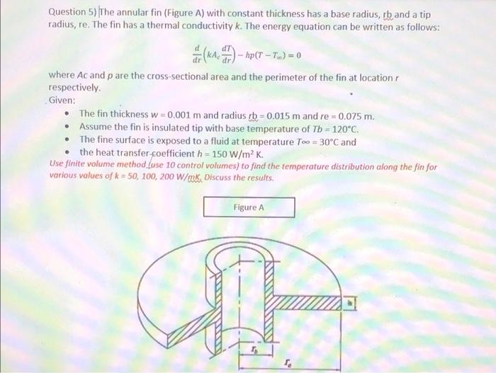 Solved Question 5)|The annular fin (Figure A) with constant | Chegg.com