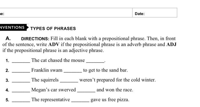 IVENTIONS TYPES OF PHRASES A. DIRECTIONS: Fill in | Chegg.com