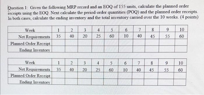 Solved Ruestion 1: Given the following MRP record and an EOQ | Chegg.com