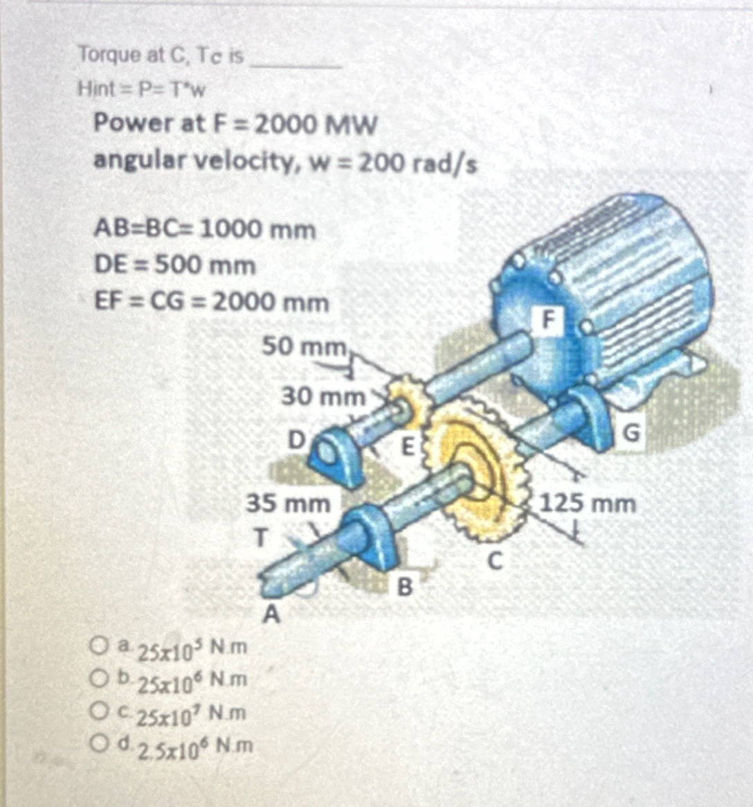 Solved Torque at C,Tc ﻿is q, ﻿Hint =P=TwPower at F=2000MW | Chegg.com