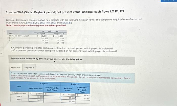 Solved Exercise 26-9 (Static) Payback period; net present | Chegg.com