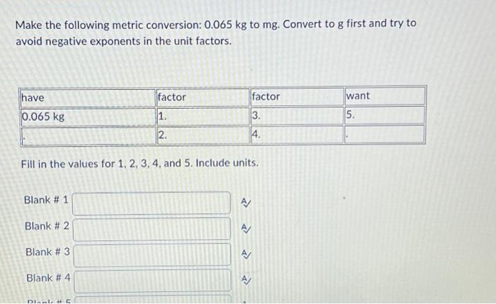 Solved Make the following metric conversion: 0.065 kg to mg. | Chegg.com
