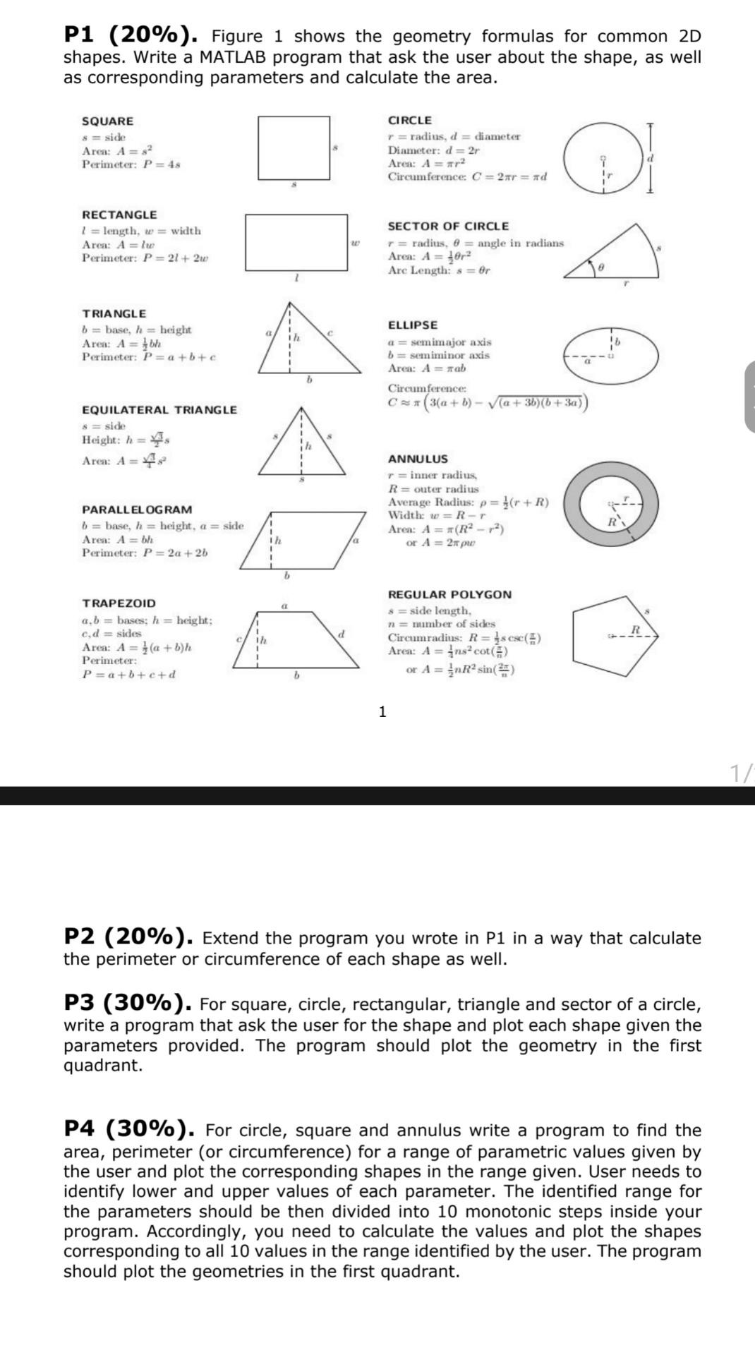 Solved P1 (20\%). Figure 1 shows the geometry formulas for | Chegg.com