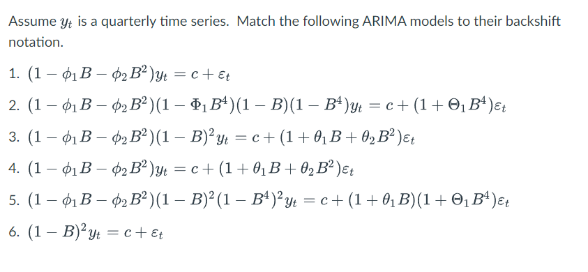 Solved Assume yt ﻿is a quarterly time series. Match the | Chegg.com