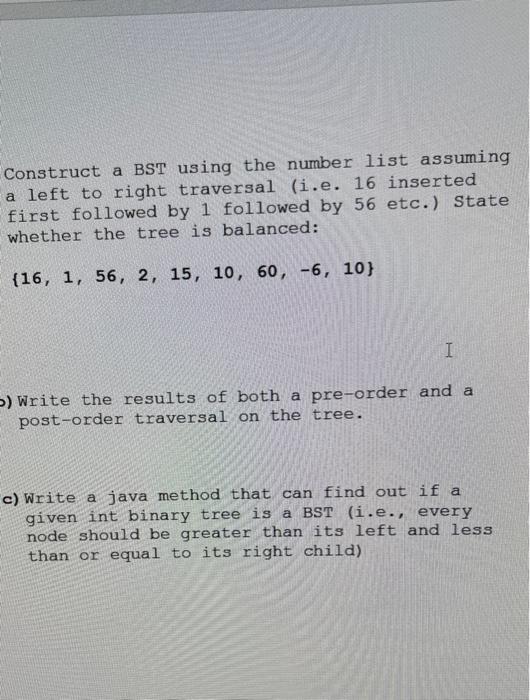 Solved Construct a BST using the number list assuming a left | Chegg.com