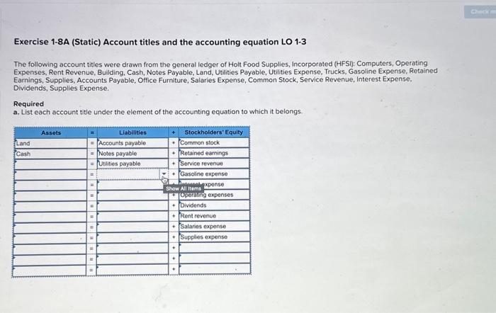 Solved Exercise 1-8A (Static) Account titles and the | Chegg.com