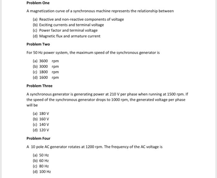 Solved Problem One A magnetization curve of a synchronous | Chegg.com