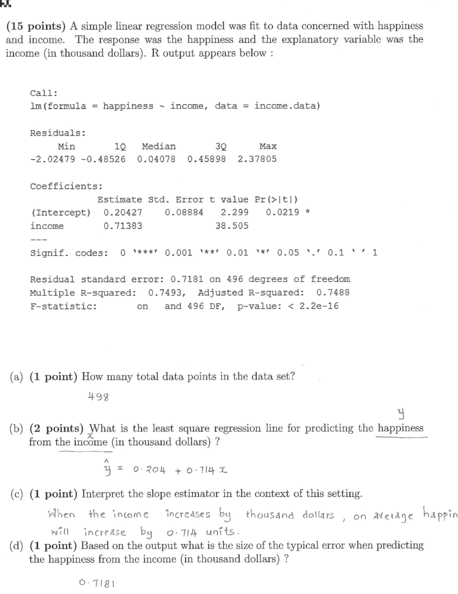 Solved (15 ﻿points) ﻿A simple linear regression model was | Chegg.com
