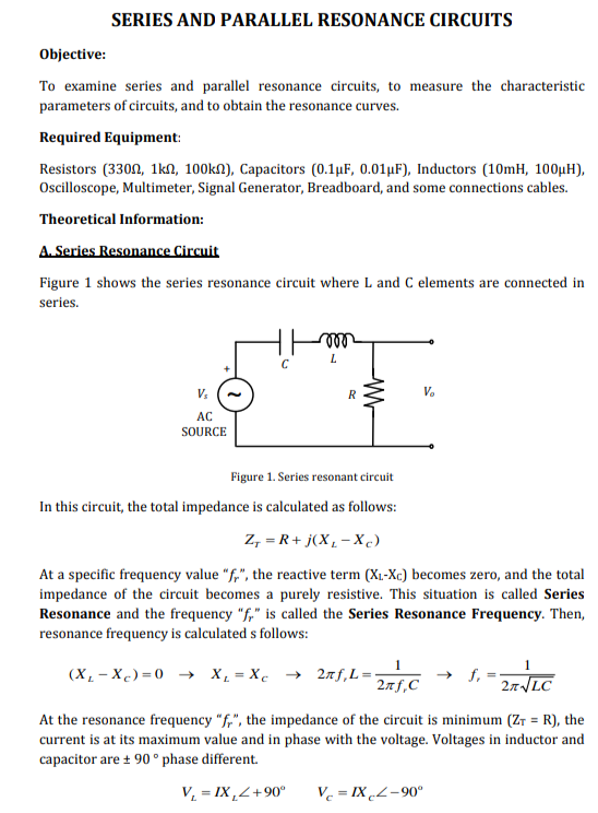 Solved SERIES AND PARALLEL RESONANCE CIRCUITS Objective: To | Chegg.com