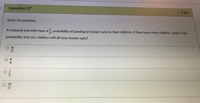 Solved A husband and wife have a 32 probability of passing | Chegg.com
