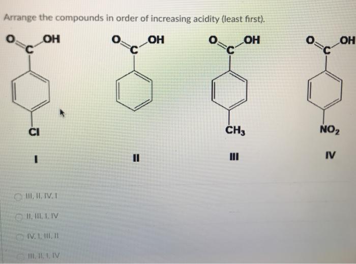 Solved Arrange the compounds in order of increasing acidity | Chegg.com