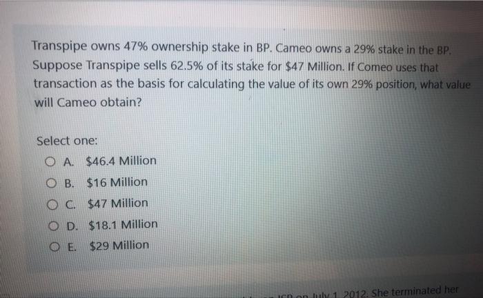 Solved Transpipe owns 47% ownership stake in BP. Cameo owns | Chegg.com