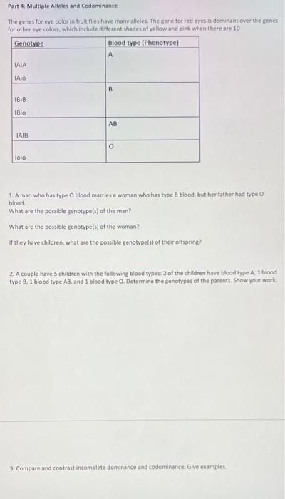 Solved Part 4: Multiple Alleles and Codominance The genes | Chegg.com