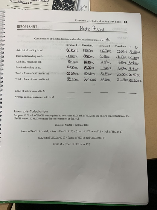 Solved Tab Adeborxy B.ro Experiment Titration of an Acid | Chegg.com