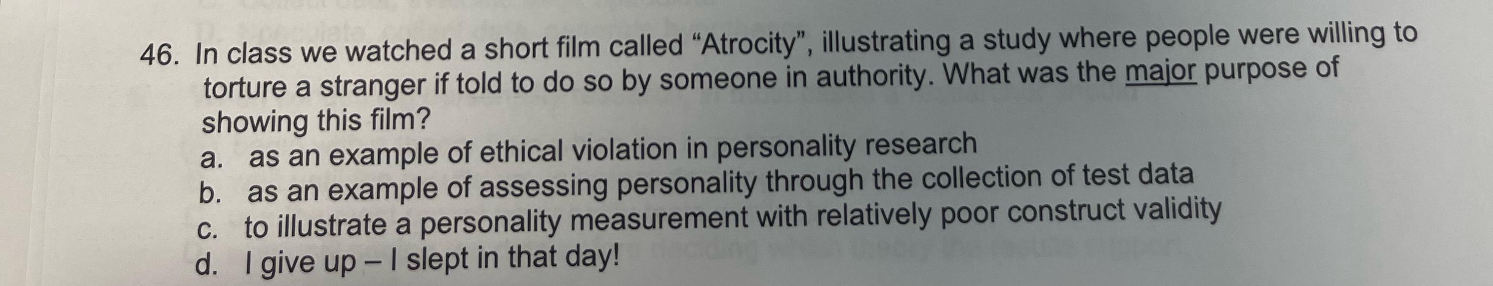 Solved In class we watched a short film called "Atrocity", | Chegg.com