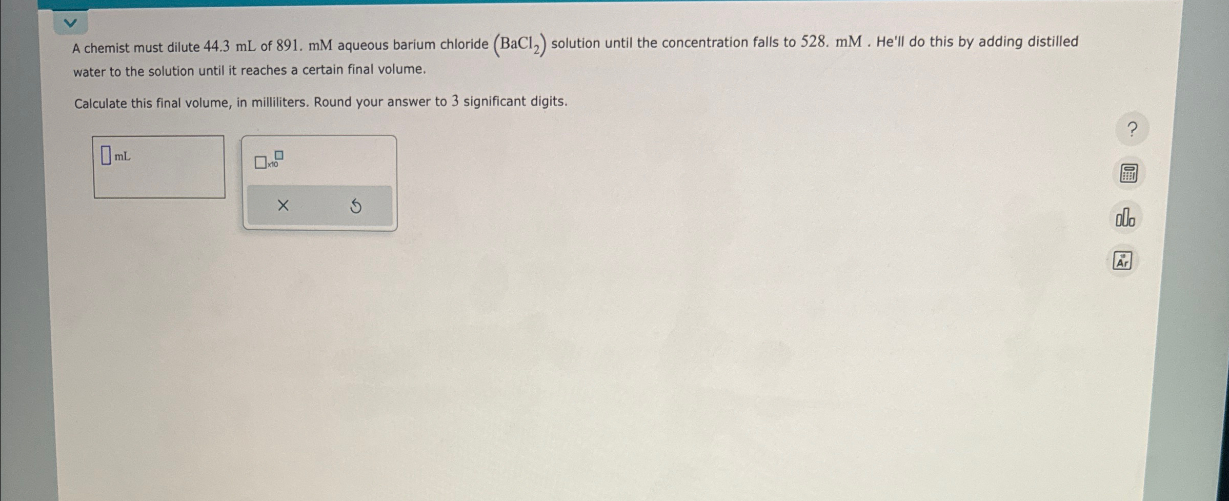 Solved A chemist must dilute 44.3mL ﻿of 891.mM ﻿aqueous | Chegg.com