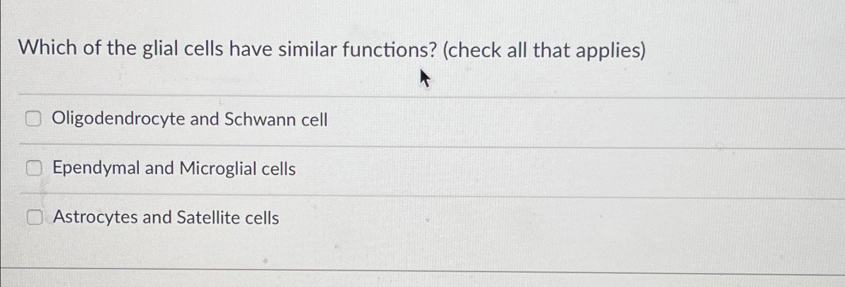 Solved Which of the glial cells have similar functions? | Chegg.com