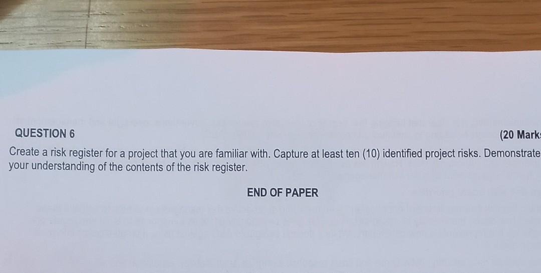 Solved QUESTION 6 (20 Mark Create a risk register for a | Chegg.com
