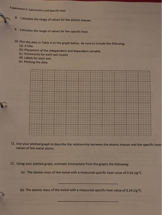 Solved Experiment 4 Calorimetry and Specific heat Questions | Chegg.com
