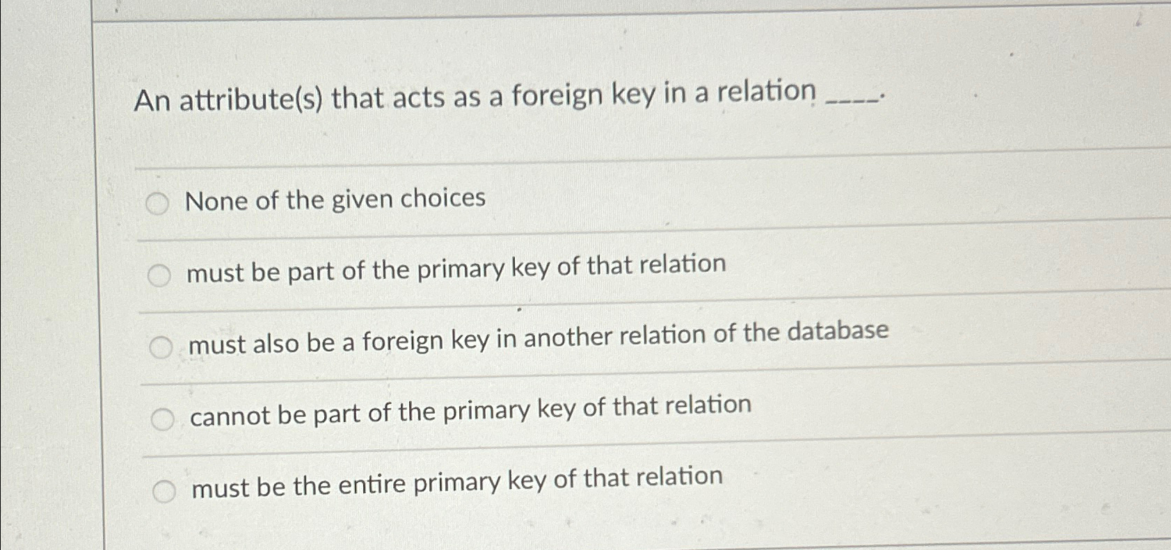 Solved An attribute(s) ﻿that acts as a foreign key in a | Chegg.com