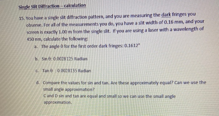 Solved Single Slit Diffraction - calculation 15. You have a | Chegg.com