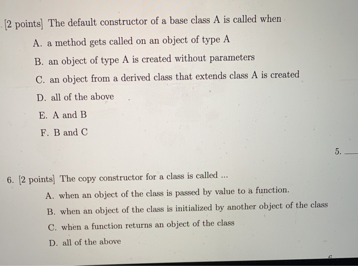 Solved [2 points) The default constructor of a base class A | Chegg.com