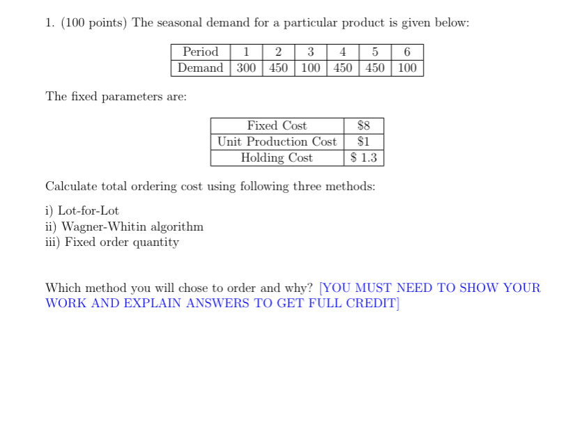 Solved (100 ﻿points) ﻿The seasonal demand for a particular | Chegg.com