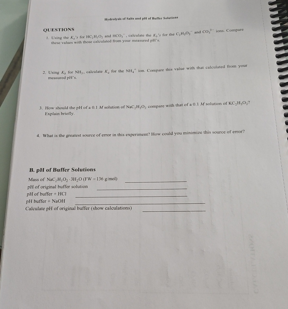 Solved Hydrolysis of Salts and pH ﻿of Buffer | Chegg.com