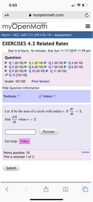 Solved 5:43 АА myopenmath.com myOpenMath Home > MCC | Chegg.com