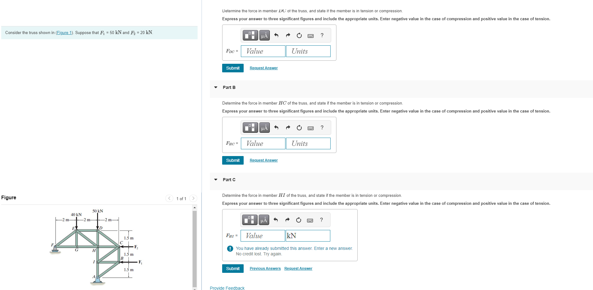 Solved Vetermine the force in member u C ' ﻿of the truss, | Chegg.com