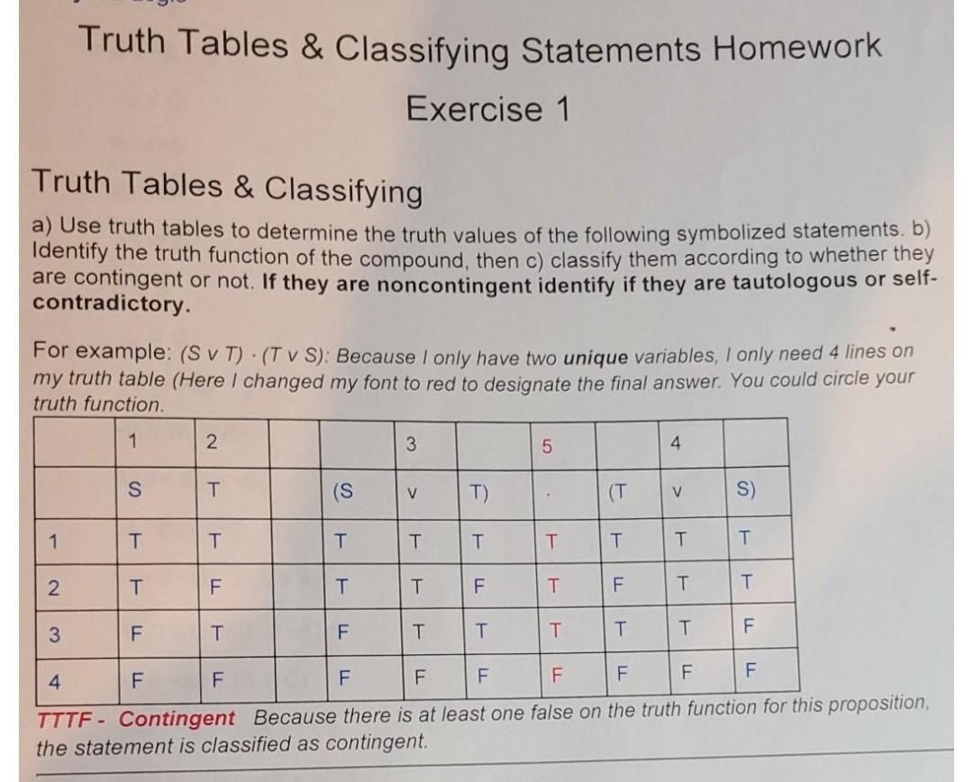Solved Truth Tables & Classifying Statements Homework | Chegg.com