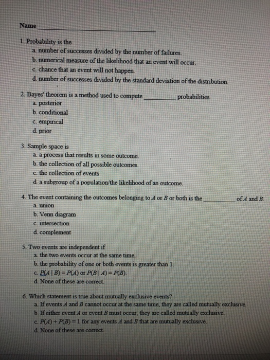 Solved Name 1. Probability is the a number of successes | Chegg.com