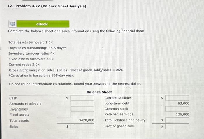 Solved 12. Problem 4.22 (Balance Sheet Analysis) Complete | Chegg.com