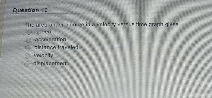 Solved Question 10 The area under a curve in a velocity | Chegg.com